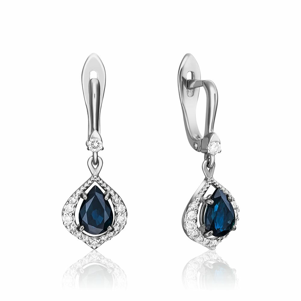 Серьги, белое золото, 585 проба, родирование, сапфир, бриллиант