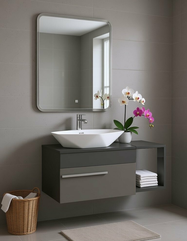 Мебель для ванной Вудлайн 65, темно-серый/серый, раковина Полигон, зеркало Руан 60х80