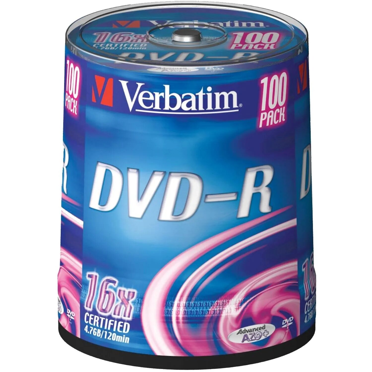 Носители информации DVD-R, 16x, Verbatim Azo Matt Silver, Cake/100, 43549