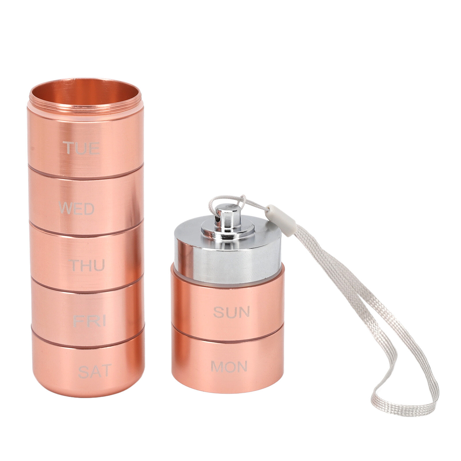 Metal Weekly Travel Medicine Organizer Portable Waterproof 7 Days Aluminum Alloy Tablets Box with Lanyard Rose Gold
