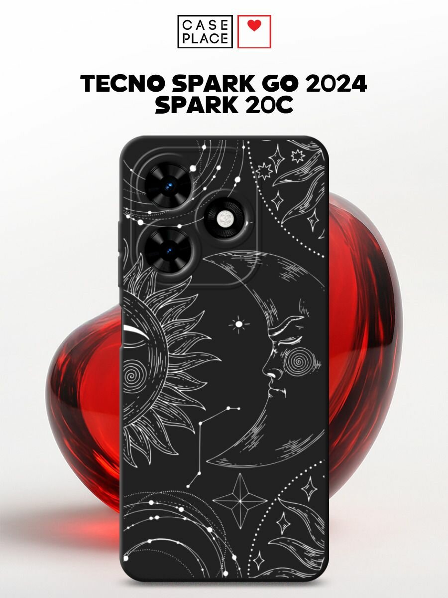 Черный матовый чехол на Tecno Spark Go 2024/Spark 20C / Текно Спарк Го 2024/Спарк 20C с принтом Солнце и луна