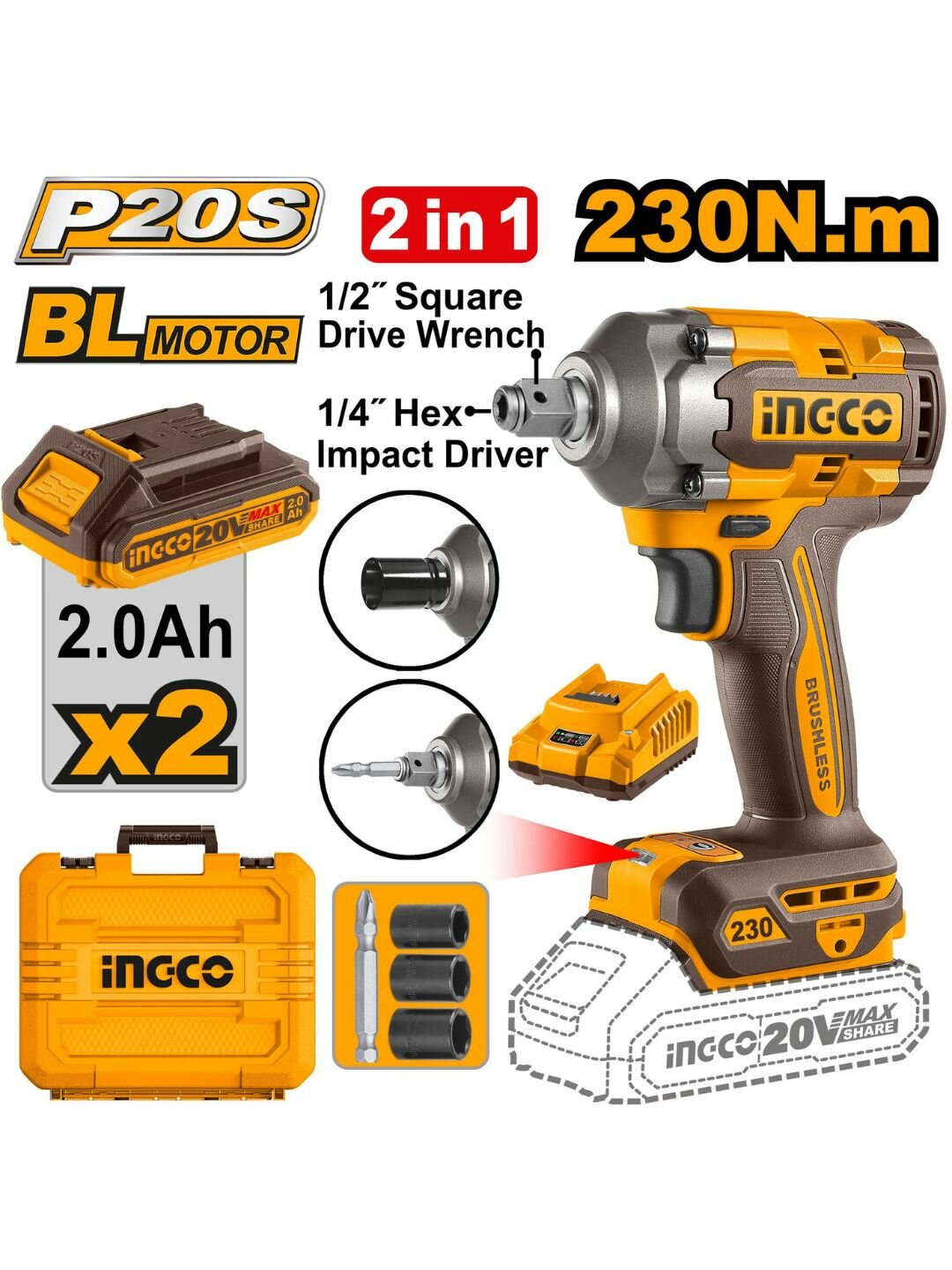 Гайковерт-импакт BL 20В 230Hm 1/2х1/4 SUPER INGCO CIWLI20236 INDUSTRIAL