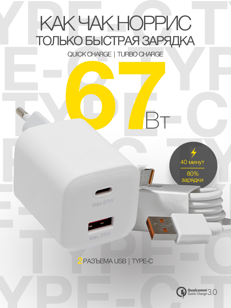 Быстрая зарядка PD 67w GaN с кабелем type-c в комплекте белая
