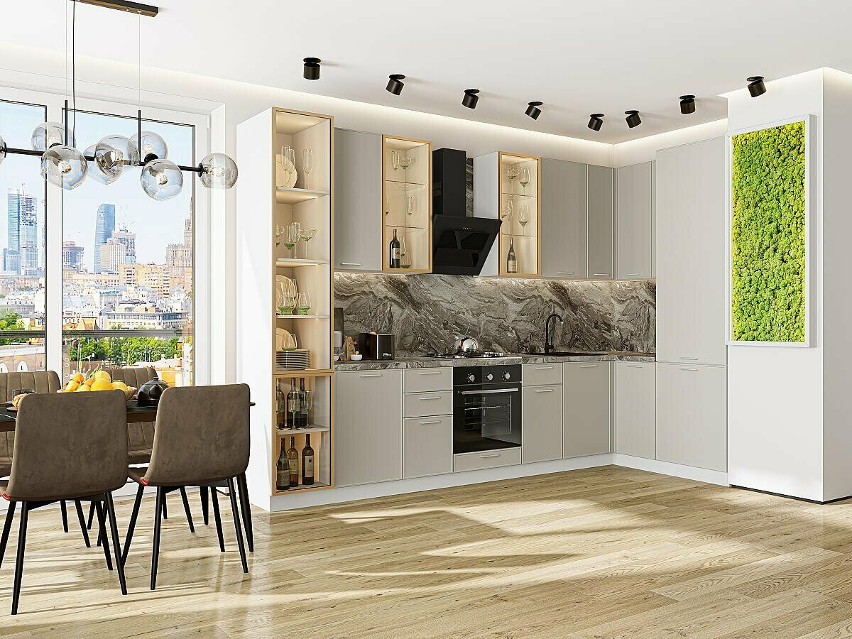 Кухня 3,4 м без столешницы Квадро-04 полки ЛДСП Готовый кухонный гарнитур 2340*3400-1600*600 Кашемир