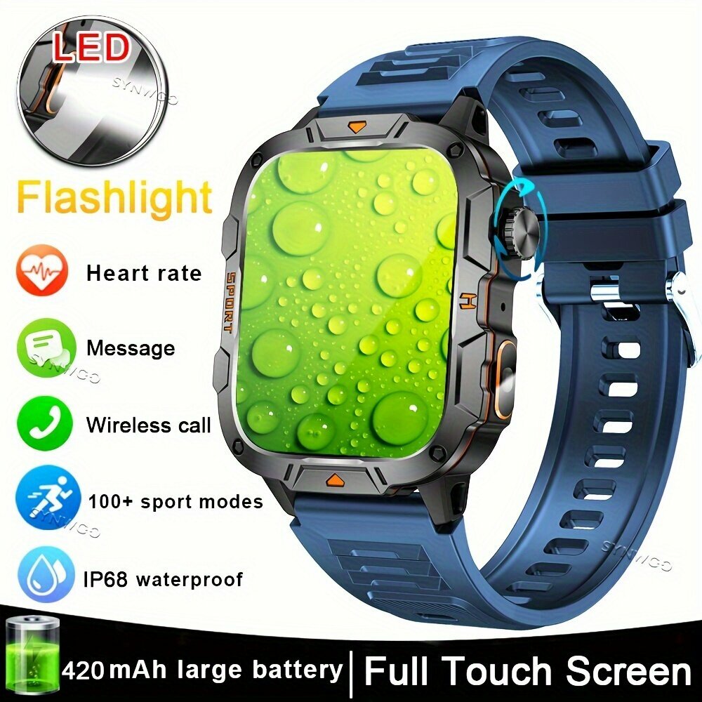 SYNWOO Sports Smartwatch for Men, 1.96" HD Digital Display, 420mAh Battery, 100+ Sports Modes, LED Flashlight, AI Voice Assistant, Calorie Counter, Weather Updates, Pedometer