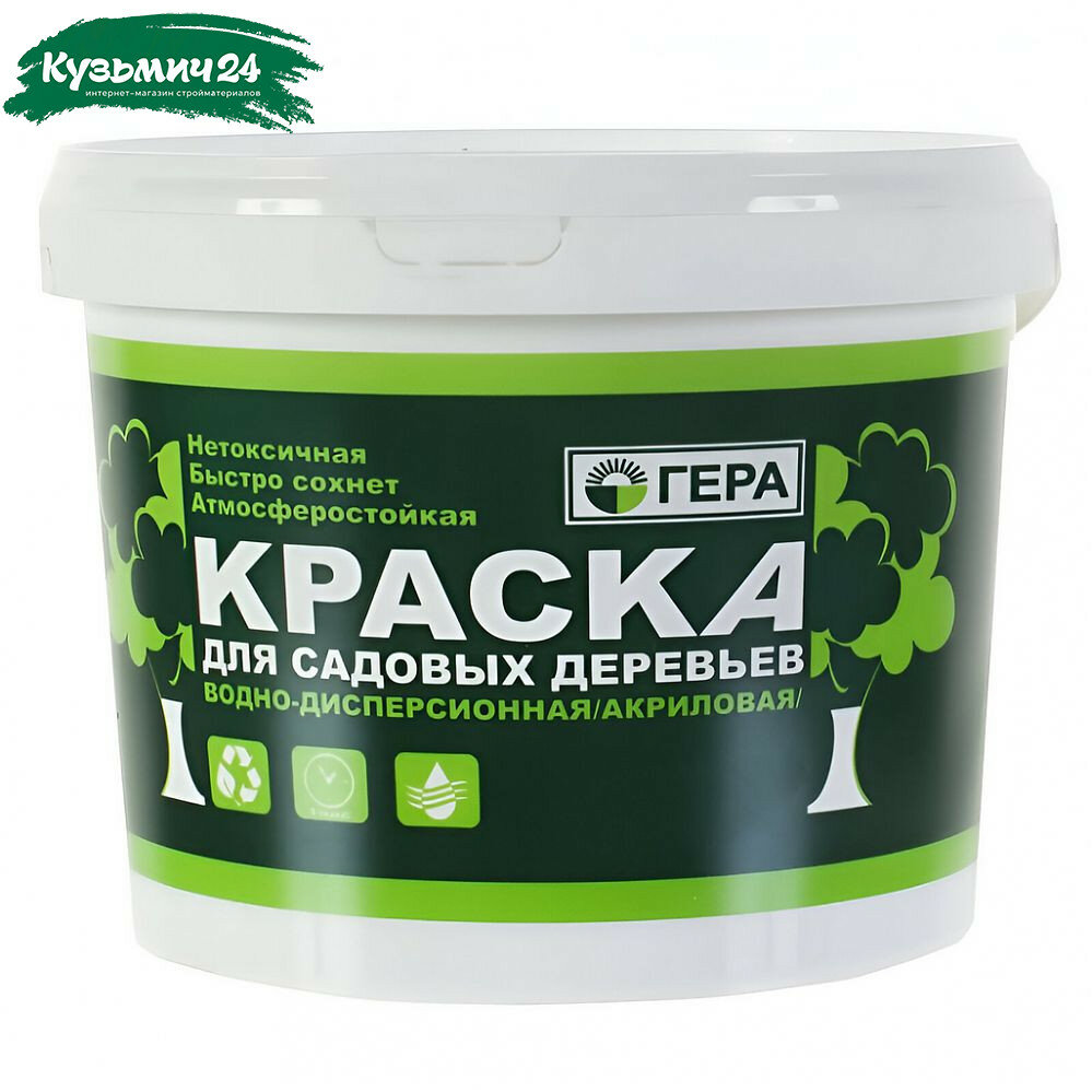Краска Гера ВДА, для садовых деревьев, акриловая, глянцевая, белая, 1.5 кг, 1 шт.