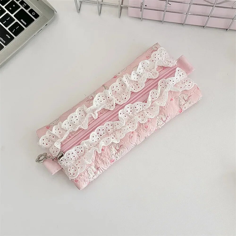 Свежий кружевной пенал большой емкости, косметичка с цветочным узором, чехол для ручек, косметичка, мультяшная сумка для хранения канцелярских принадлежностей