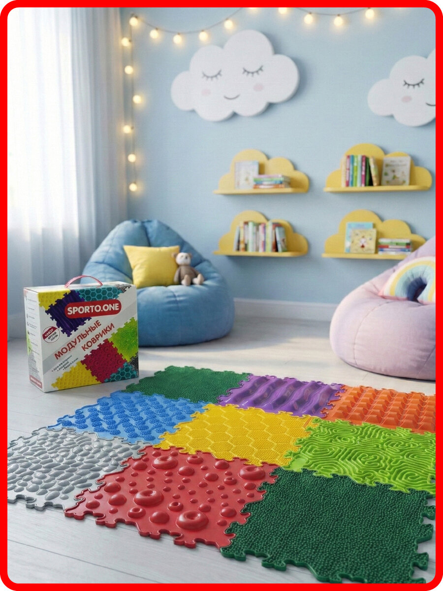 Детский развивающий коврик пазл SPORTO.ONE, Яркий день 9 модулей - для игр и активного отдыха