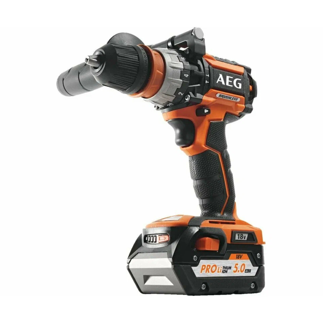 Бесщеточная аккумуляторная дрель-шуруповерт AEG BSB18CBLLI-502C, 75 Н·м, 2100 об/мин, 27300 уд/мин, 5 А·ч, оранжевый