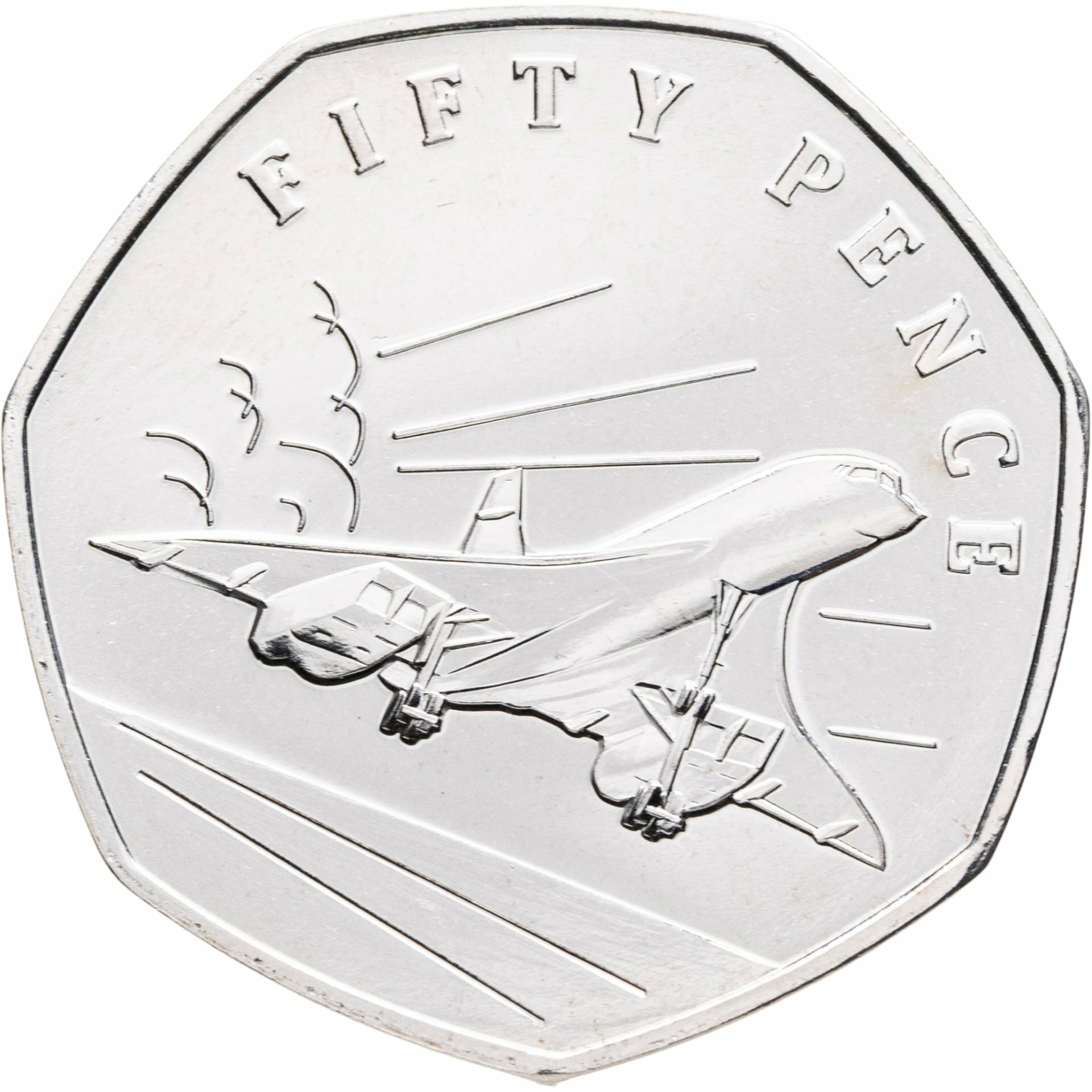 Гернси 50 пенсов pence 2012 "50 лет первому полету Конкорда - Взлет", Мельхиор медь-никель, в сохранности BUNC