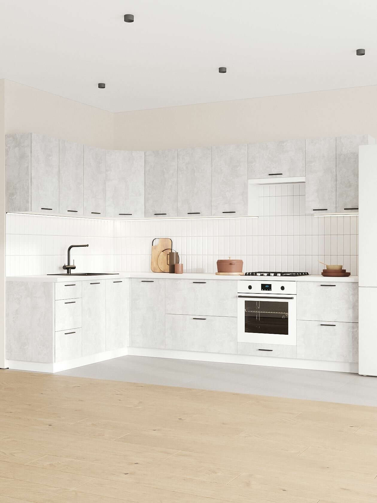 Кухонный гарнитур угловой Урбан 3х1.8 м, мебель для дома и кухни, Белый / Цемент светлый