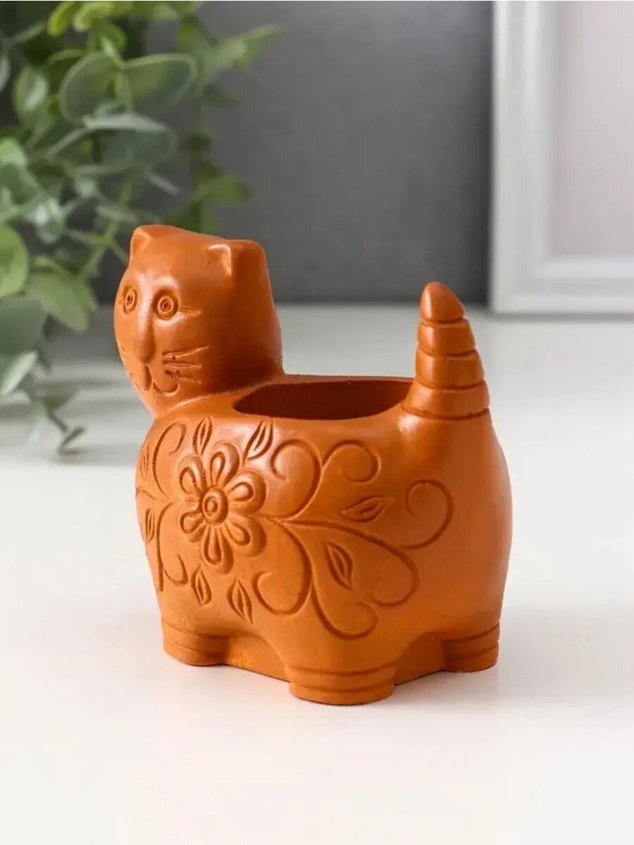 Уникальный керамический подсвечник с котом и орнаментом