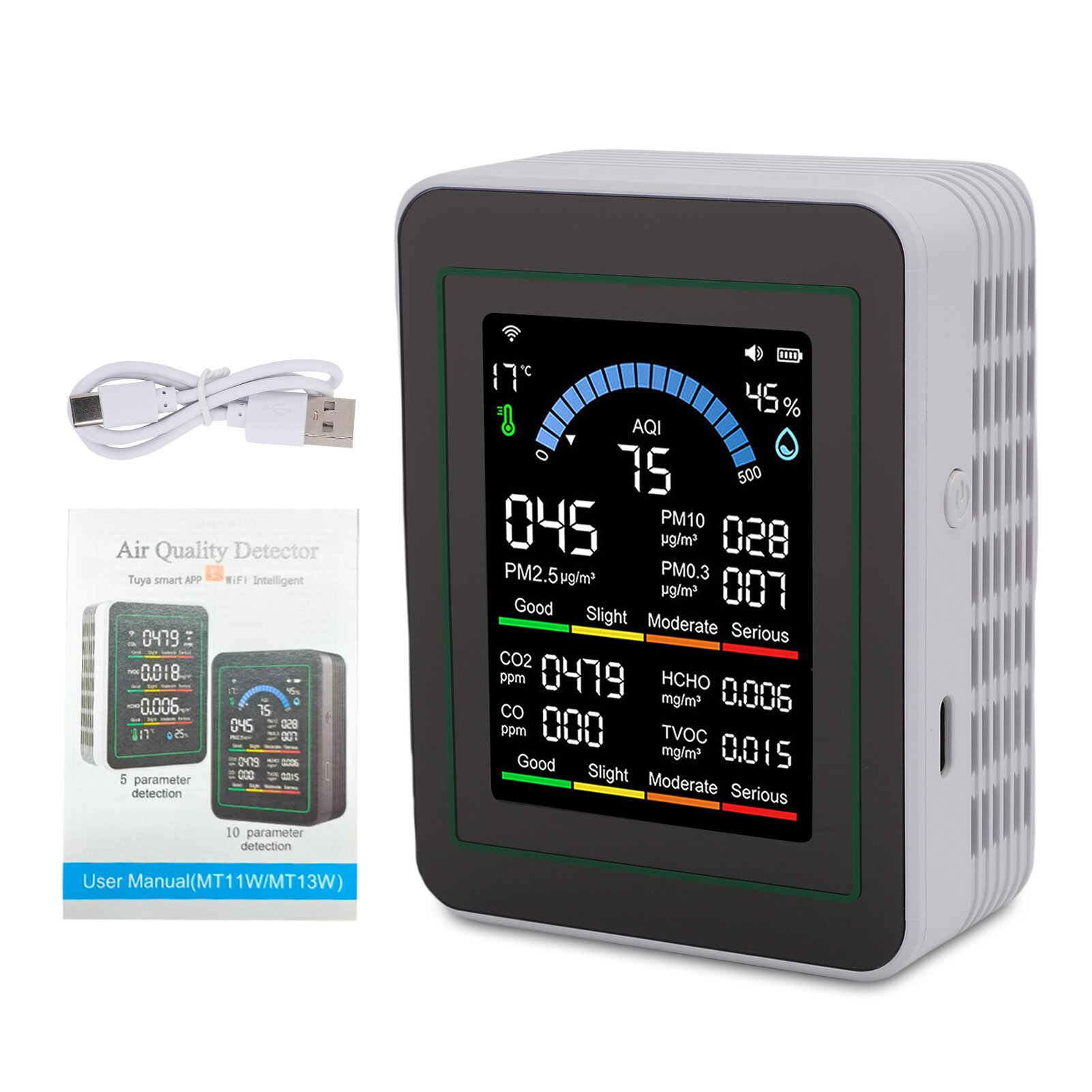 Многофункциональный монитор качества воздуха 10-в-1 с цветным ЖК-экраном, датчик PM0.3/PM2.5/PM10/CO/CO2/HCHO/TVOC/температуры/влажности для дома и офиса, модель MT13W, белый, версия с Wi-Fi.