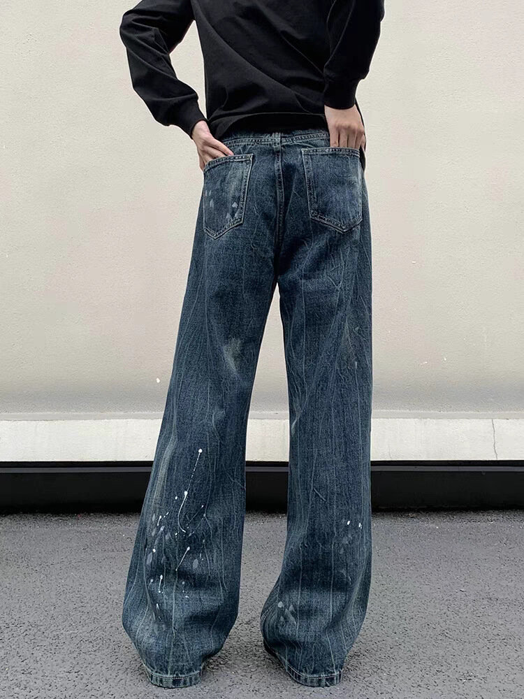 MON Джинсы Мужские Винтажные Риветы Молния Уличные Cleanfit Широкие Ноги Деним, Размер_M