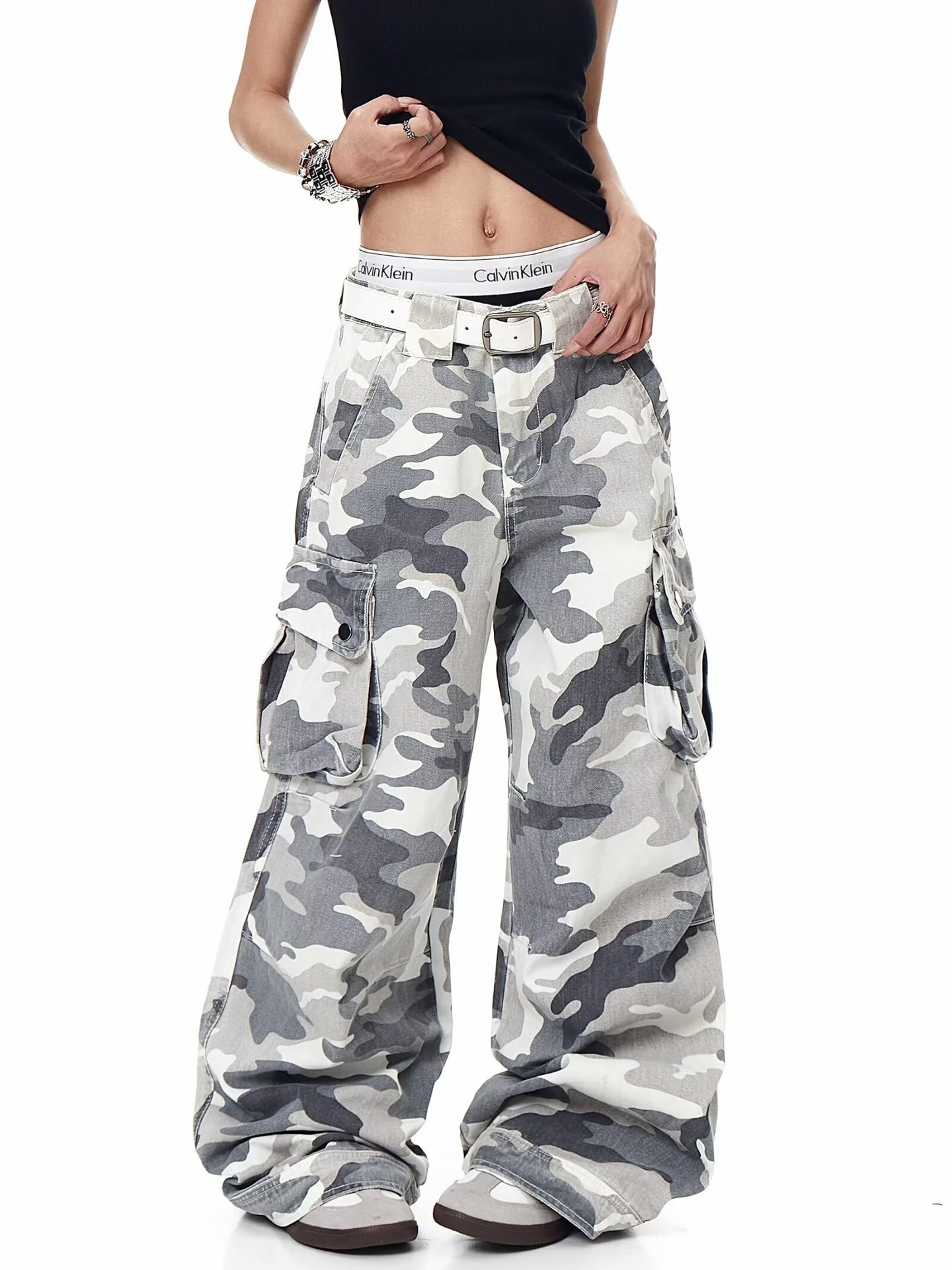 JYL Джинсы Женские Карго Винтажные Большие Карманы Стильные Деним, Размер_S