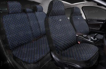 Накидка на сиденье "PSV" 5D Len Sport лен черный/отстрочка синяя (комплект на весь салон)
