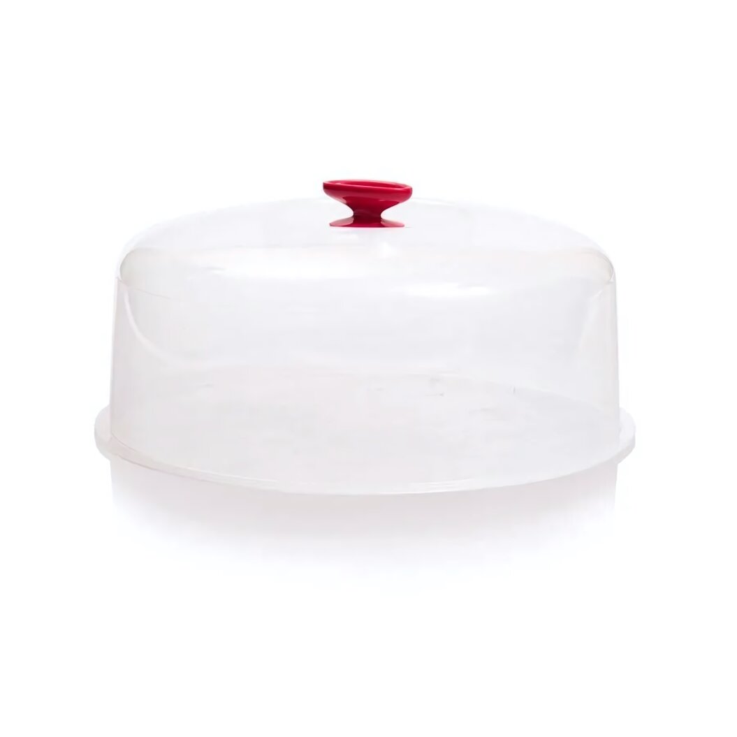 Крышка для микроволновки пластиковая 24 см, прозрачная с красной ручкой, защита от брызг