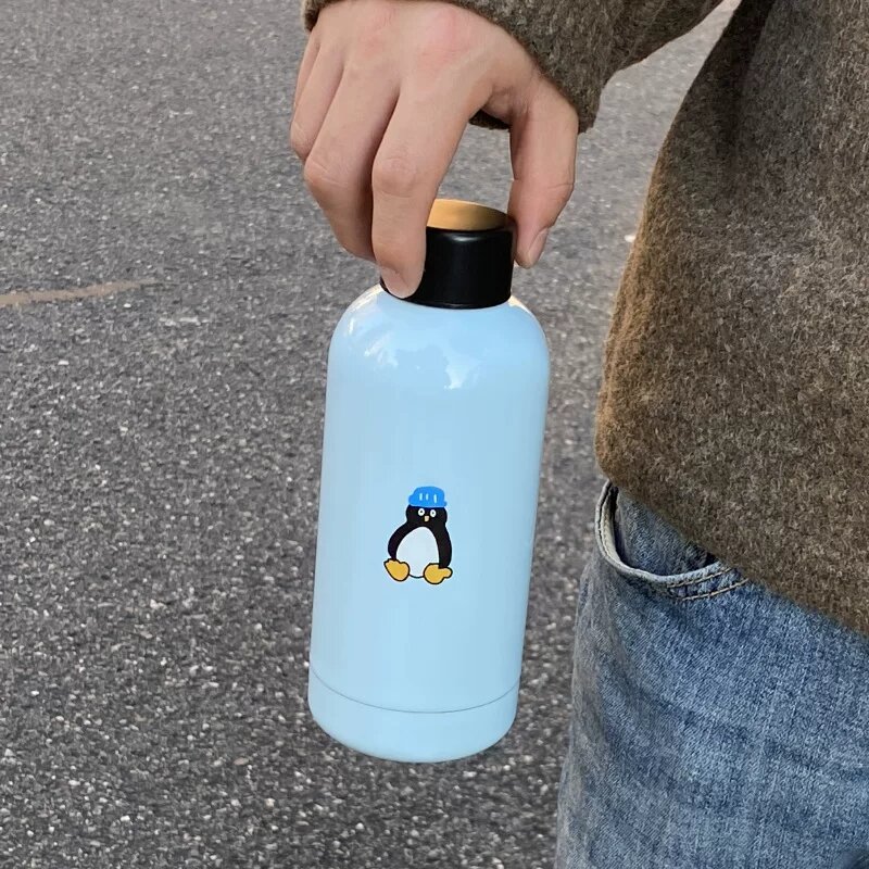 Синий термос-чашка в виде милого пингвина, большая емкость, из нержавеющей стали 304, милый дорожный термос 350 мл