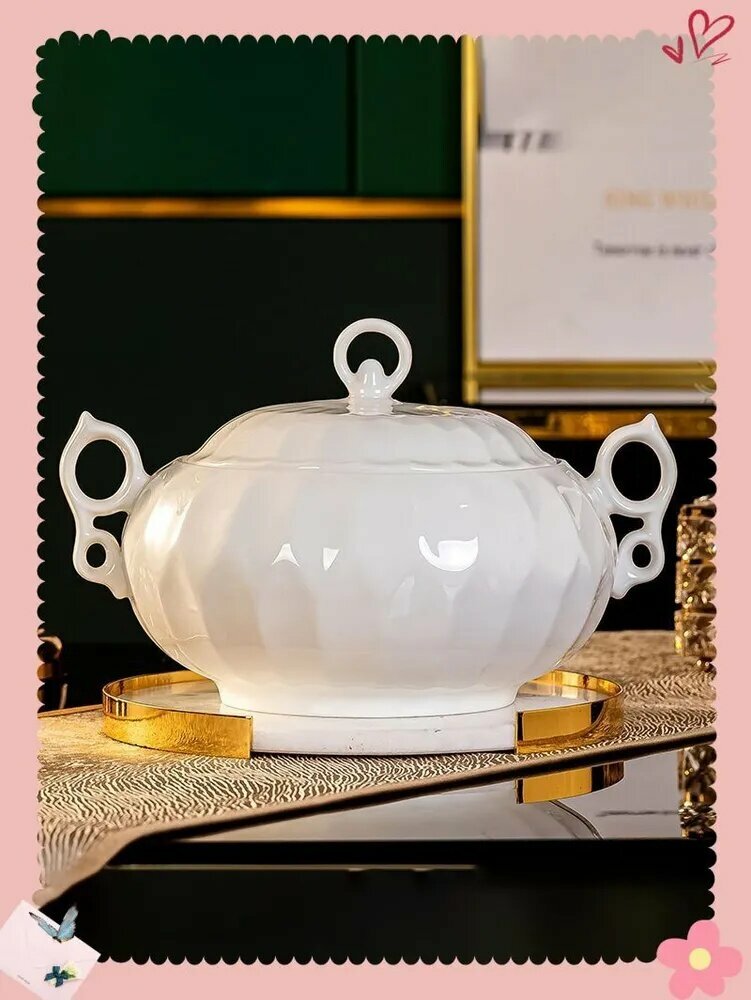 Супница "IKEA", керамика, белая, с росписью, двойная ручка, для СВЧ и духовки, 19см