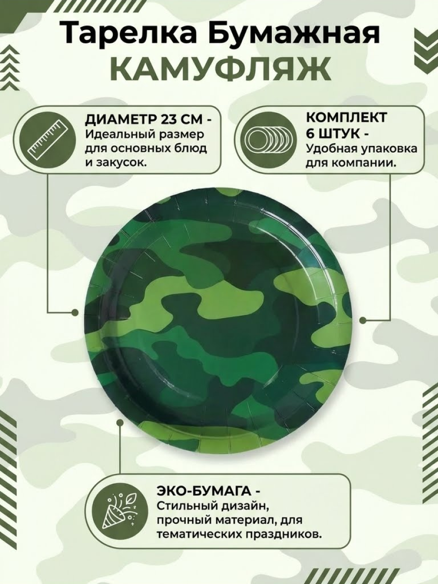 Тарелки Камуфляж, 23 см, милитари набор 6 шт.