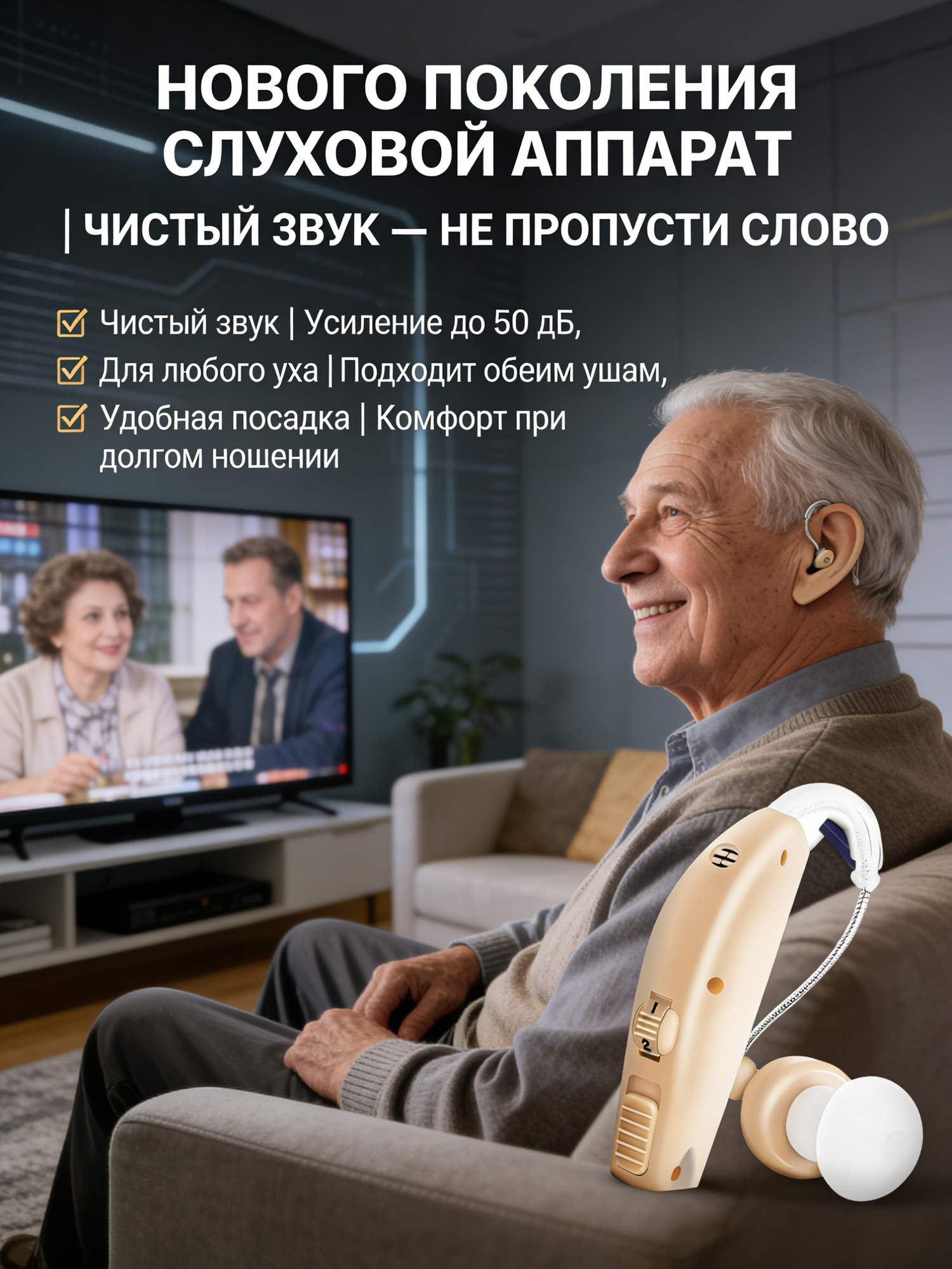 Накладной слуховой прибор с зарядным устройством для пожилых и взрослых
