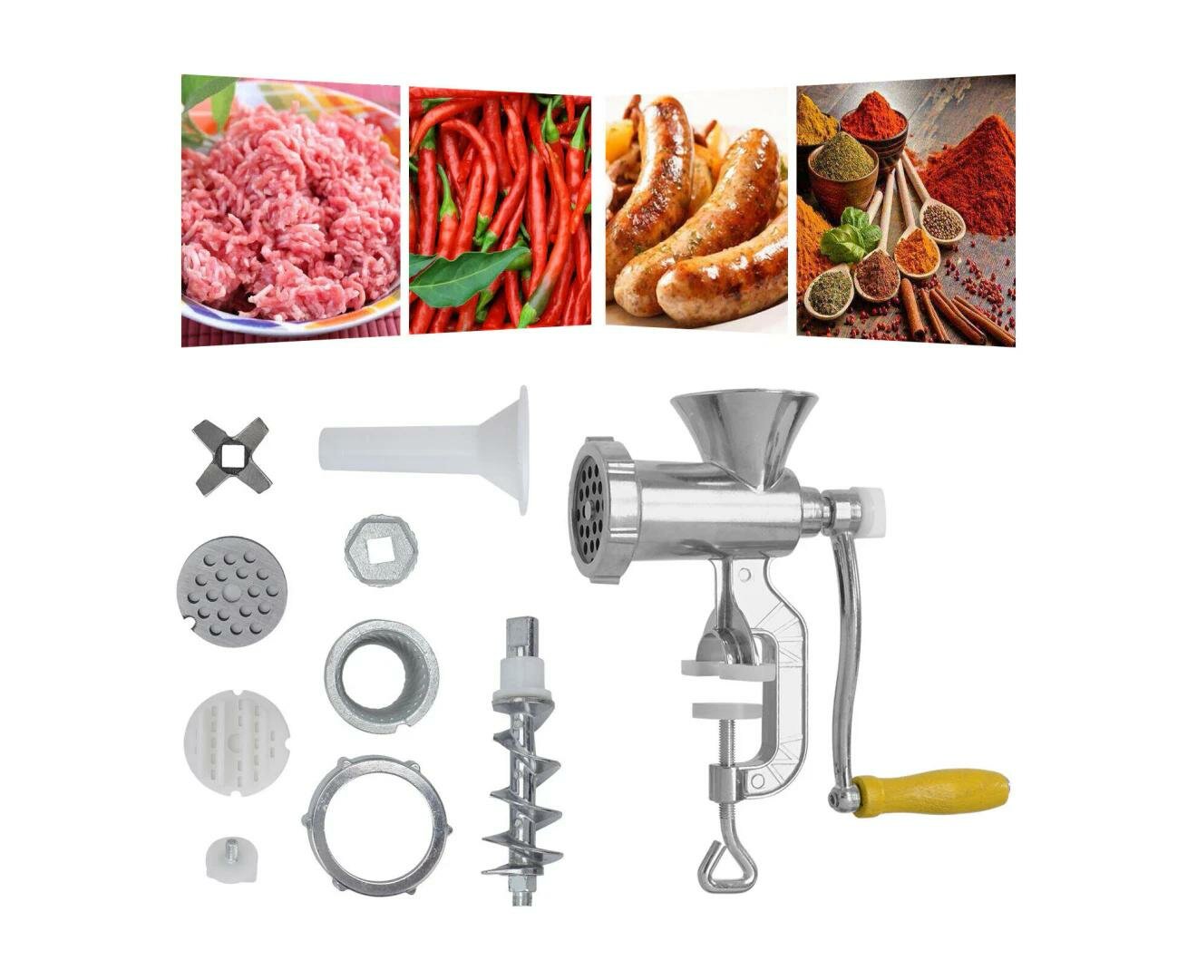 Ручной фарш-продуктор для кухни Meat Grinder Mincer Stuffer Table, цвет Серебристый, материал Алюминиевый сплав и Сталь, размер 13.4X7.6X21.7CM, тип Manual Mincer, модель Meat Grinder, совместимость с едой Мясо, особенности Manual, режим эксплуатации