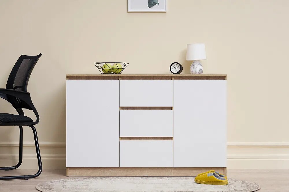 Комод для вещей 2 двери 3 выдвижных ящика, Челси, 120х76.8х45 см, ЛДСП, Дуб сонома / Белый глянец