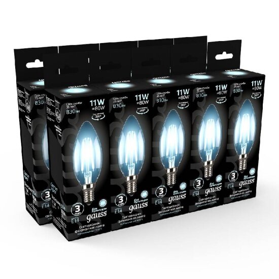 Светодиодная лампа Gauss Filament Свеча 11W 830lm 4100К Е14 LED (упак 10шт)