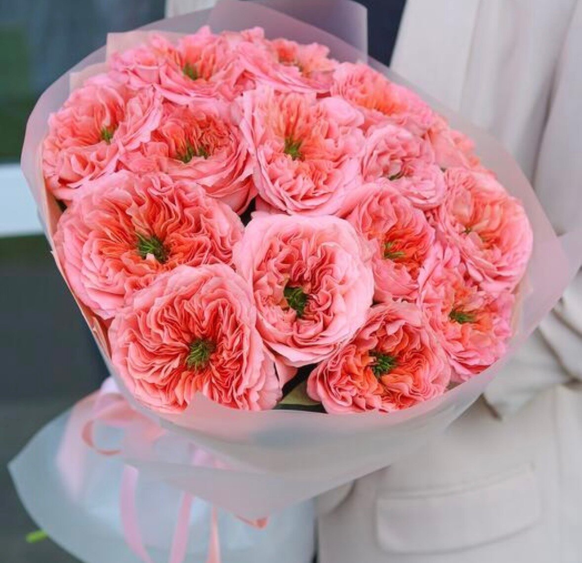 Монобукет эквадорские пионовидные розы сорта Мандарин (15 штук)