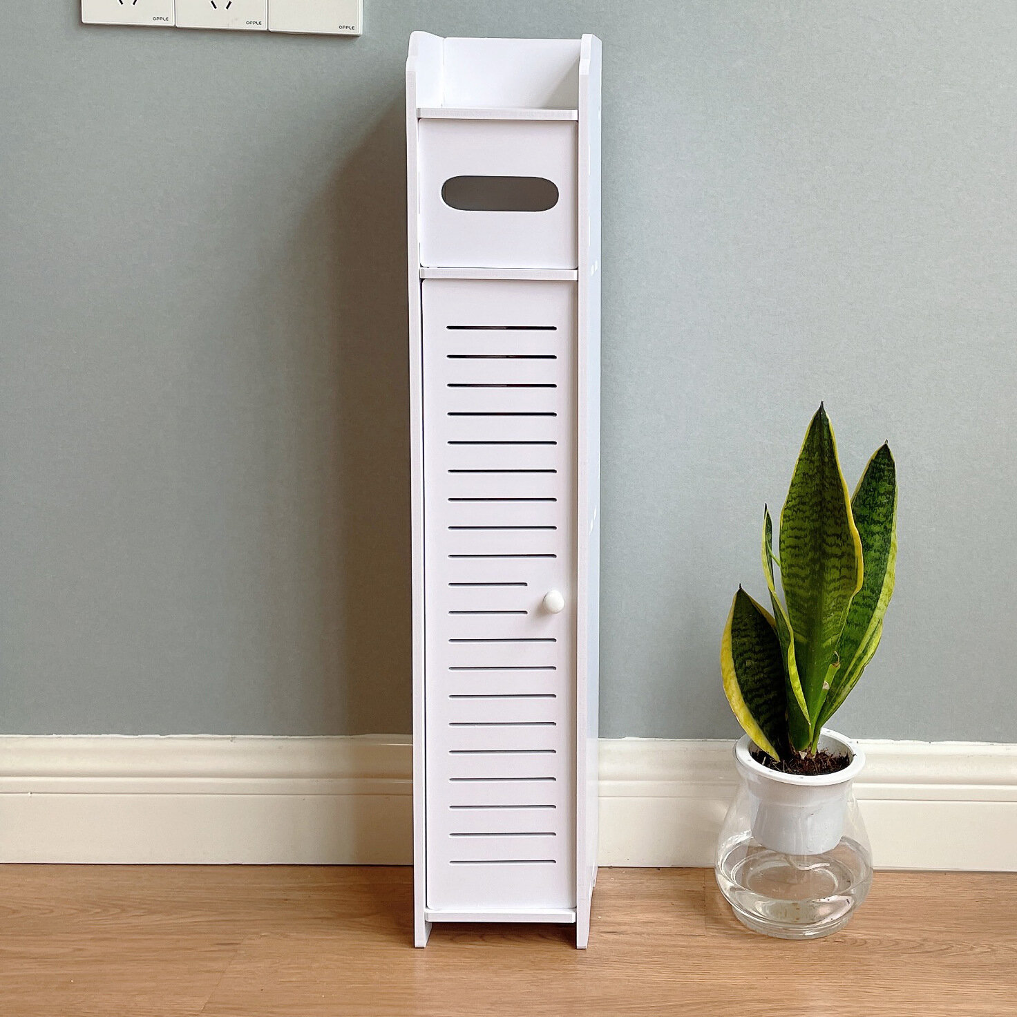 Шкаф пенал для ванной, белый, стеллаж в ванную напольный, с держателем для туалетной бумаги, 80х17х15см, PVC