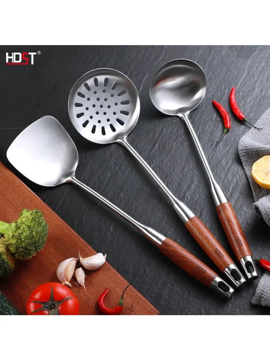 Набор посуды HDST 3 предмета, сталь, ручка розовое дерево