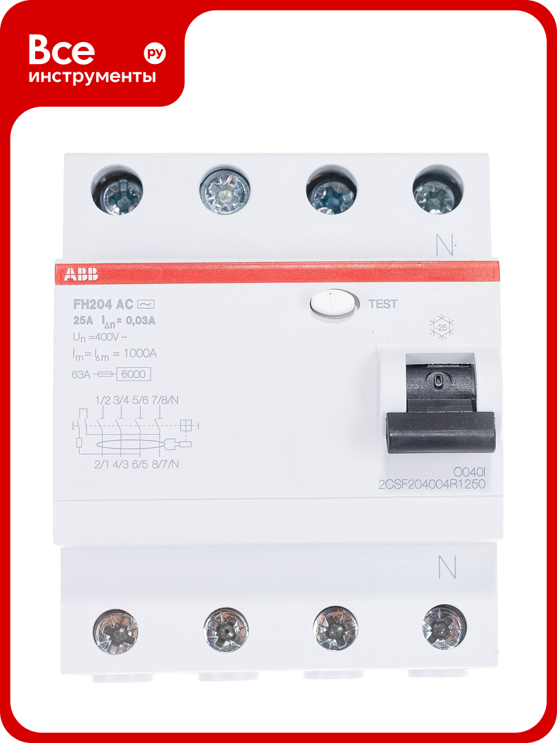 Выключатель диф. тока ABB 4п 25A 30mA тип AC FH204 2CSF204002R1250