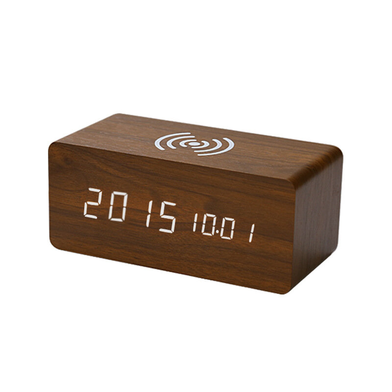 Деревянные часы для дома с беспроводной зарядкой, умные бесшумные электронные часы с голосовым управлением, деревянные LED-часы с беспроводной зарядкой и цифровым дисплеем.