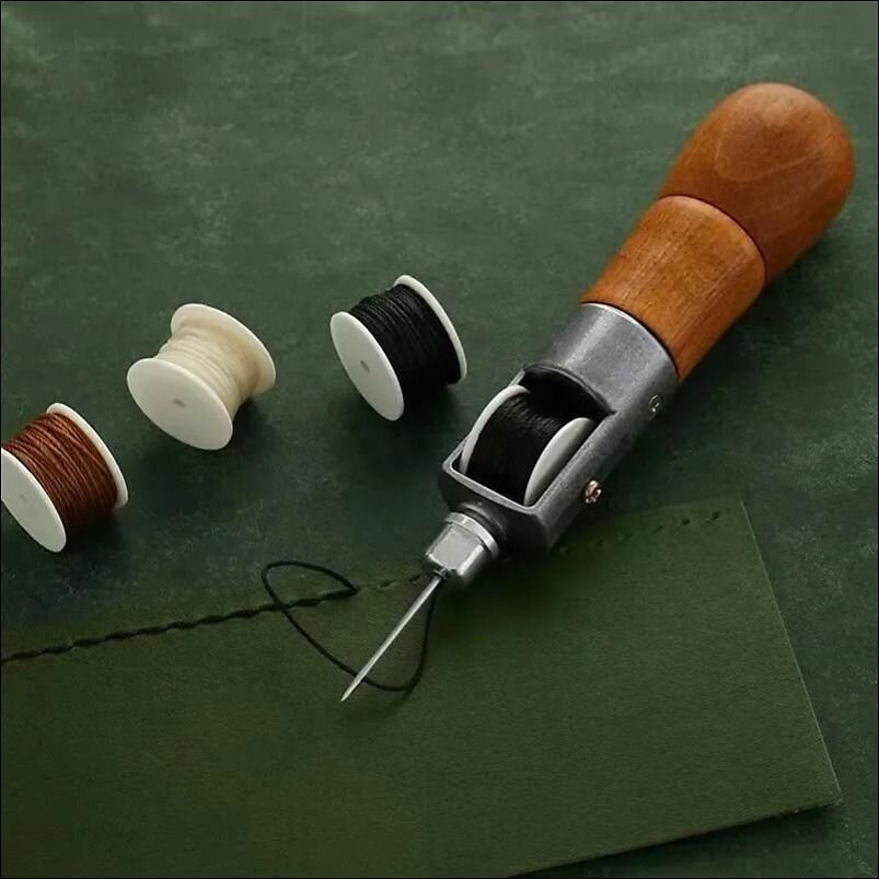 Машинка для шитья по коже, нить вощеная черный цвет, 2 иглы в комплекте