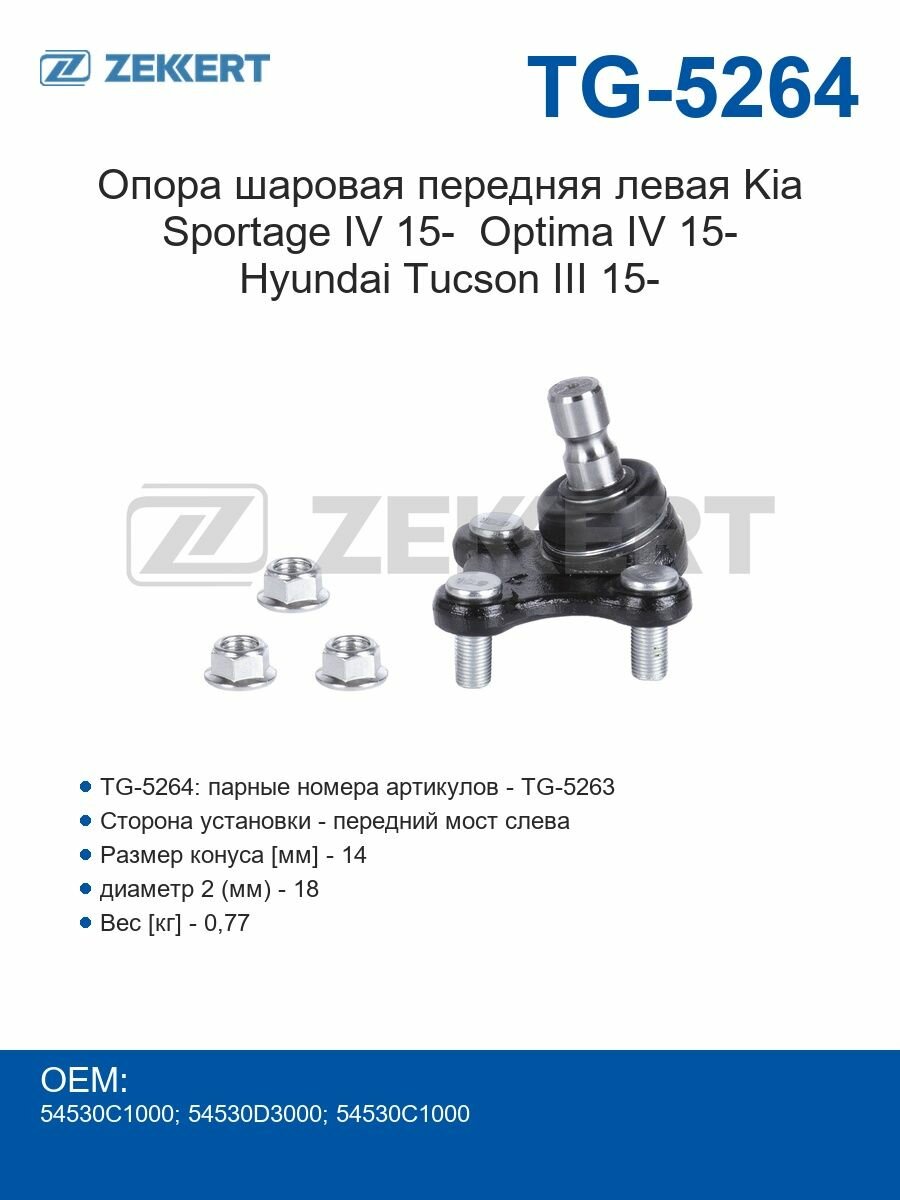 Zekkert Опора шаровая передняя левая Hyundai Sonata VII с 2014 года Tucson III с 2015 года Kia Optima IV с 2015 года Sportage IV с 2015 года