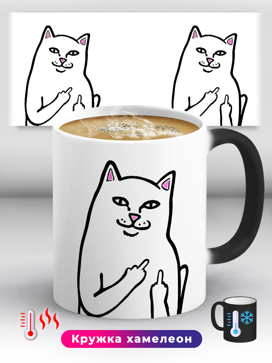 Кружка хамелеон с приколом Мем Кот показывает фак Котофак