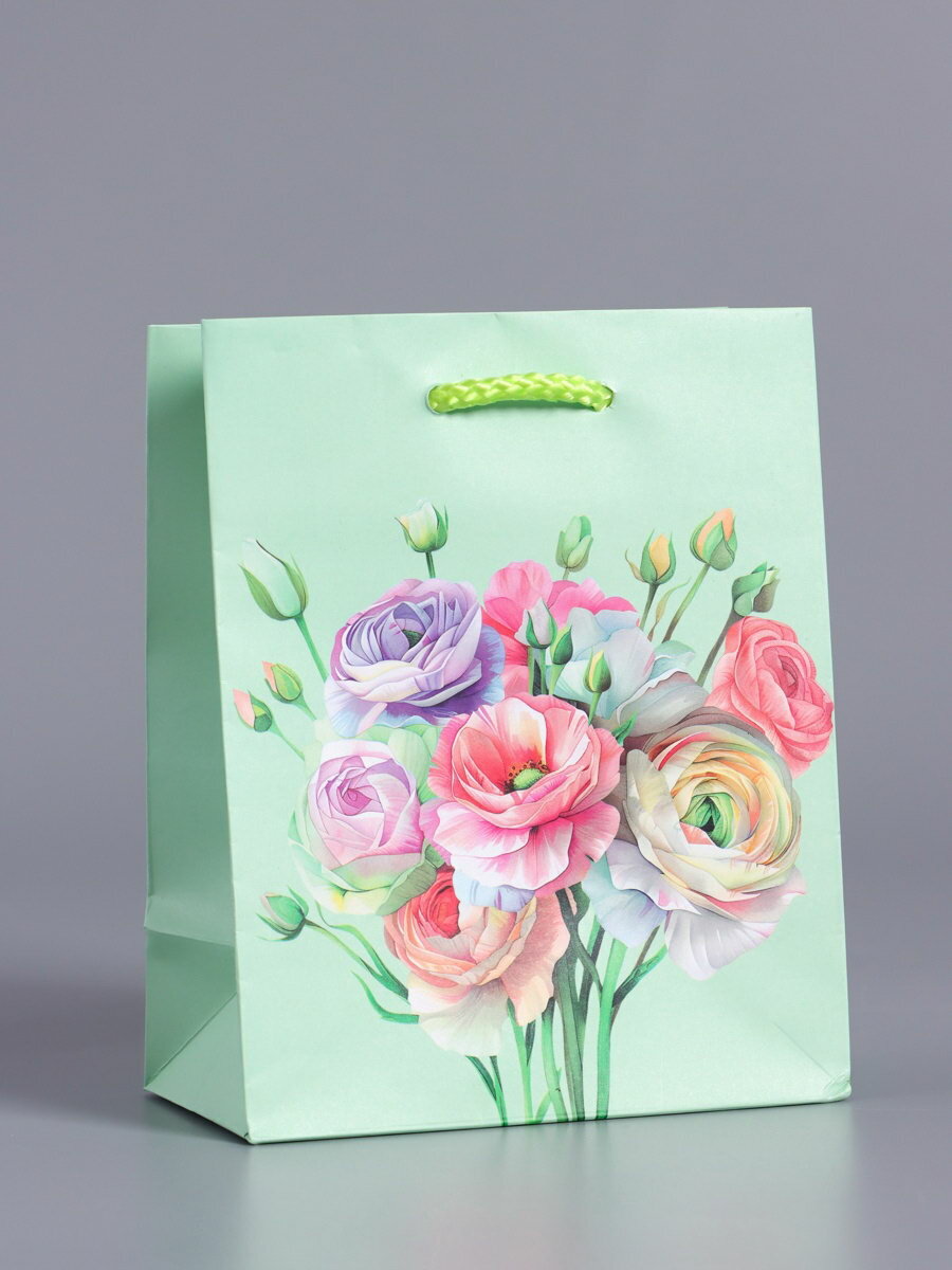 Пакет подарочный ламинированый "Весенний букет", мятный, 11.5x14.5x6.5 см