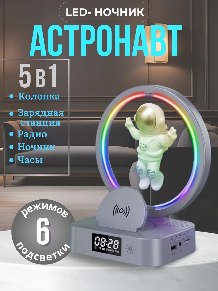 Ночной светильник‑колонка «Звёздное небо Космонавт» 5 в 1, 6 режимов свечения