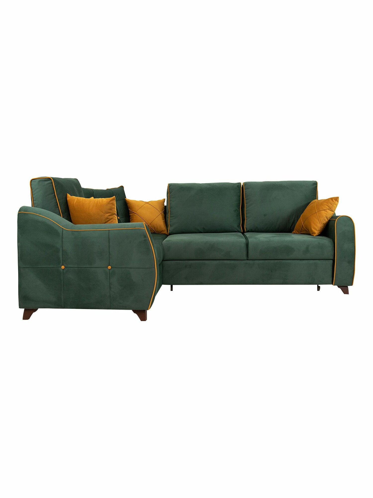 Угловой диван Френсис раскладной, с ящиком для белья, с подушками, плоские пружины змейка, на ножках, 243x177x93 см, Лиственный / Желтый, велюр