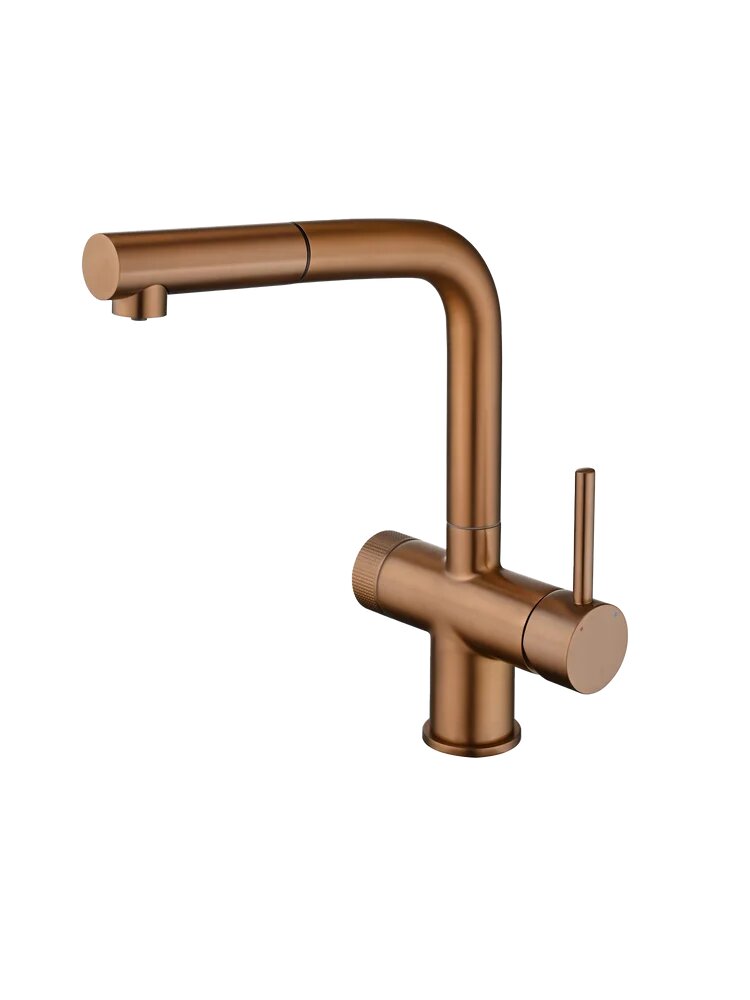 Смеситель для кухни Emar PVD ЕС - 7026 PVD Coppery с краном для питьевой воды, с поворотным изливом, матовый, однорычажный, латунный, с керамическим картриджем
