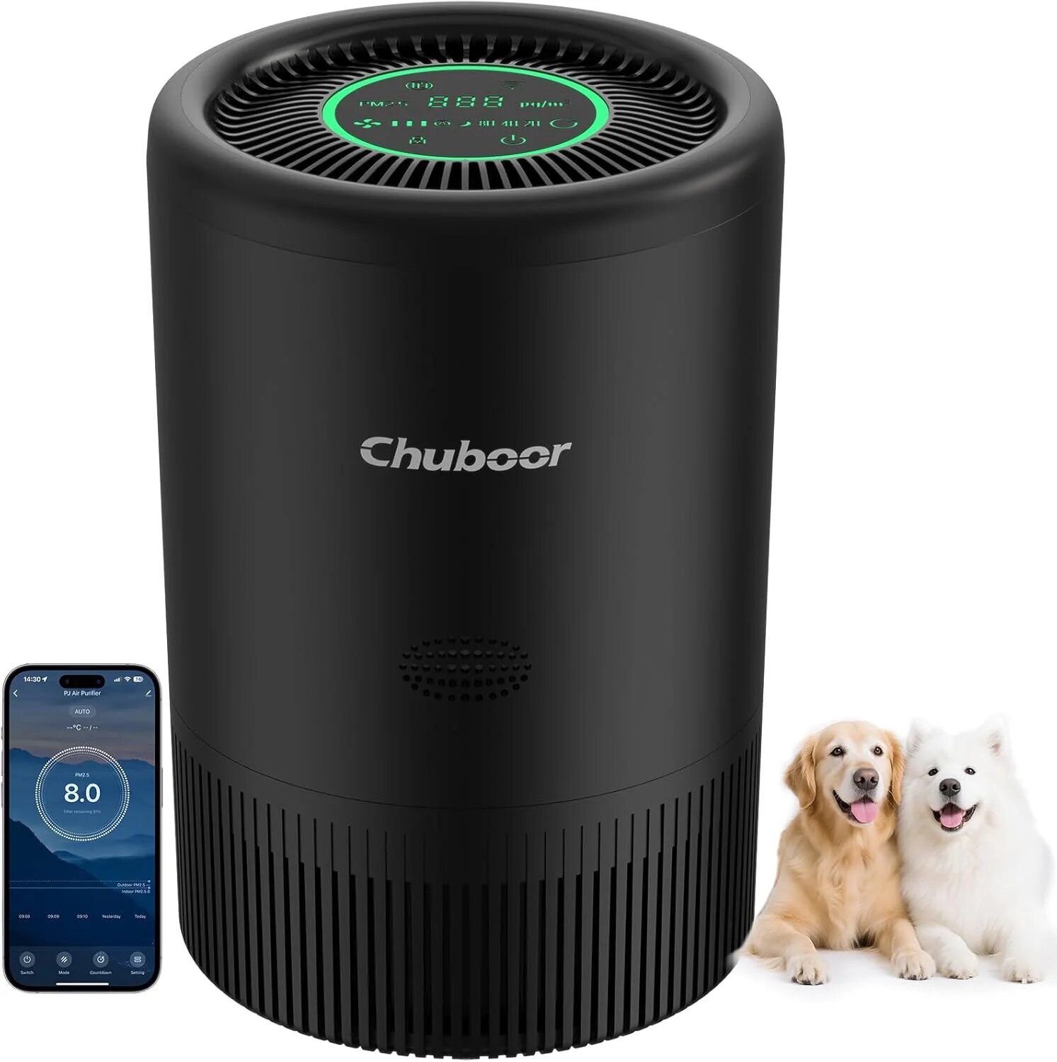 Чистильник воздуха Chuboor для спальни дома с приложением PM2.5 HEPA для спальни, гостиной, для털 животных, пыли, пыльцы, запахов PJ08-Wifi
