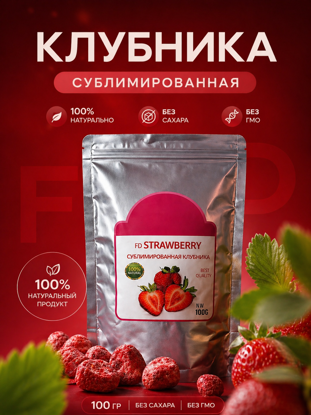 Клубника сублимированная целая, ягоды сушенные 100гр без консервантов