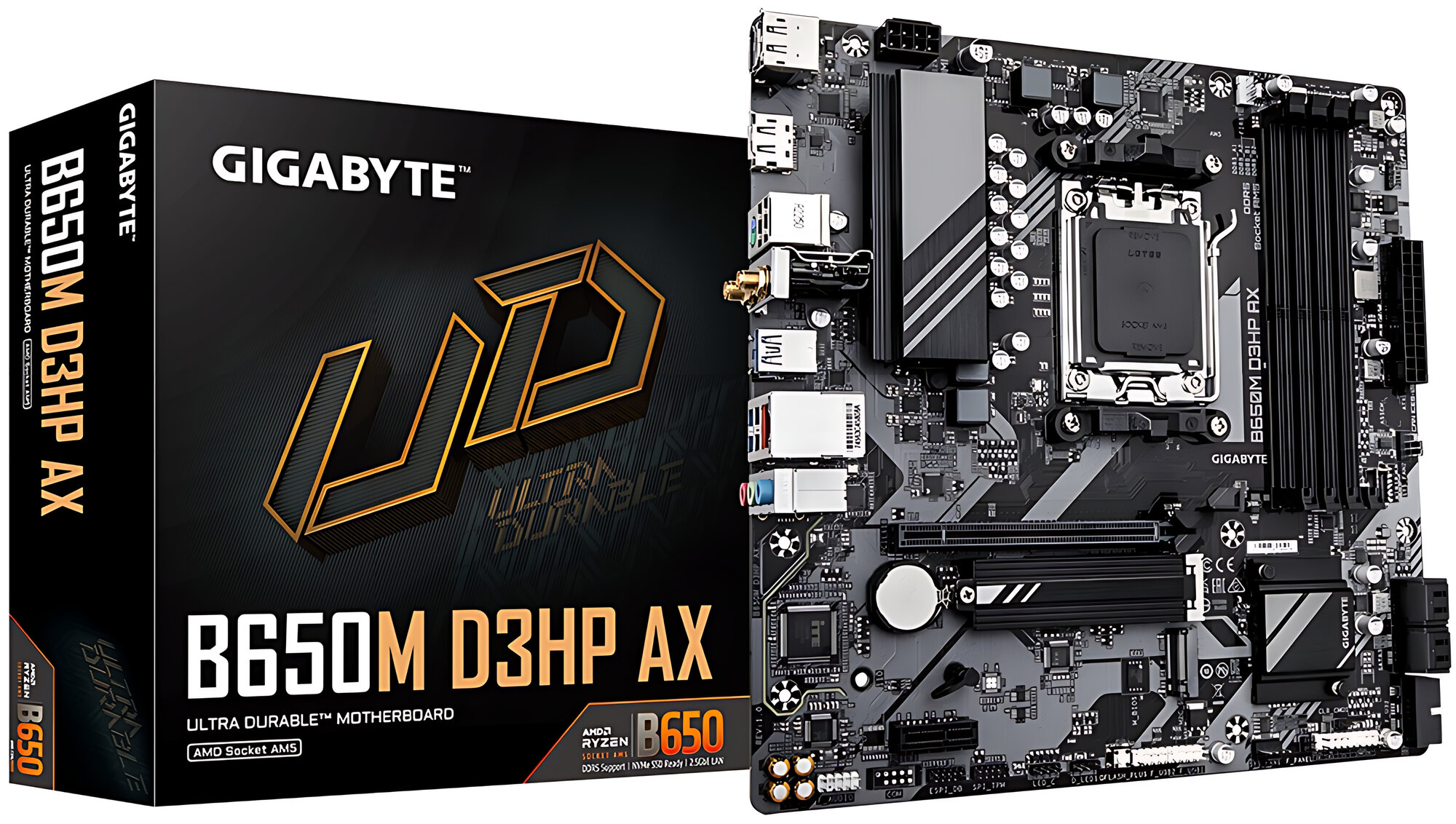 Материнская плата GIGABYTE B650M D3HP AX (AM5/AMD B650/4xDDR5/PCI-Ex16/2xM.2/SB7.1/Wi-Fi/BT/GLAN/2xDP/HDMI/mATX)
