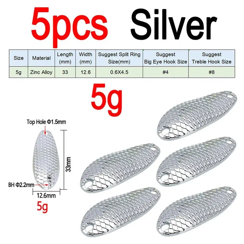 Bimoo Рыболовные приманки металлические ложки 2.5г 3.5г 5г 7г 10г 15г 5g 5pcs Silver