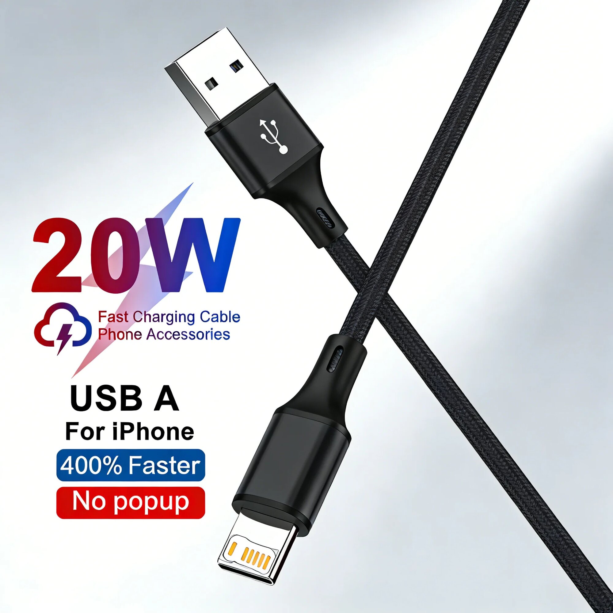 USB-кабель для быстрой зарядки для iPhone 11, 12 mini, 13 Pro, 14 Plus, XS Max, 1,5 м, Черный, Black