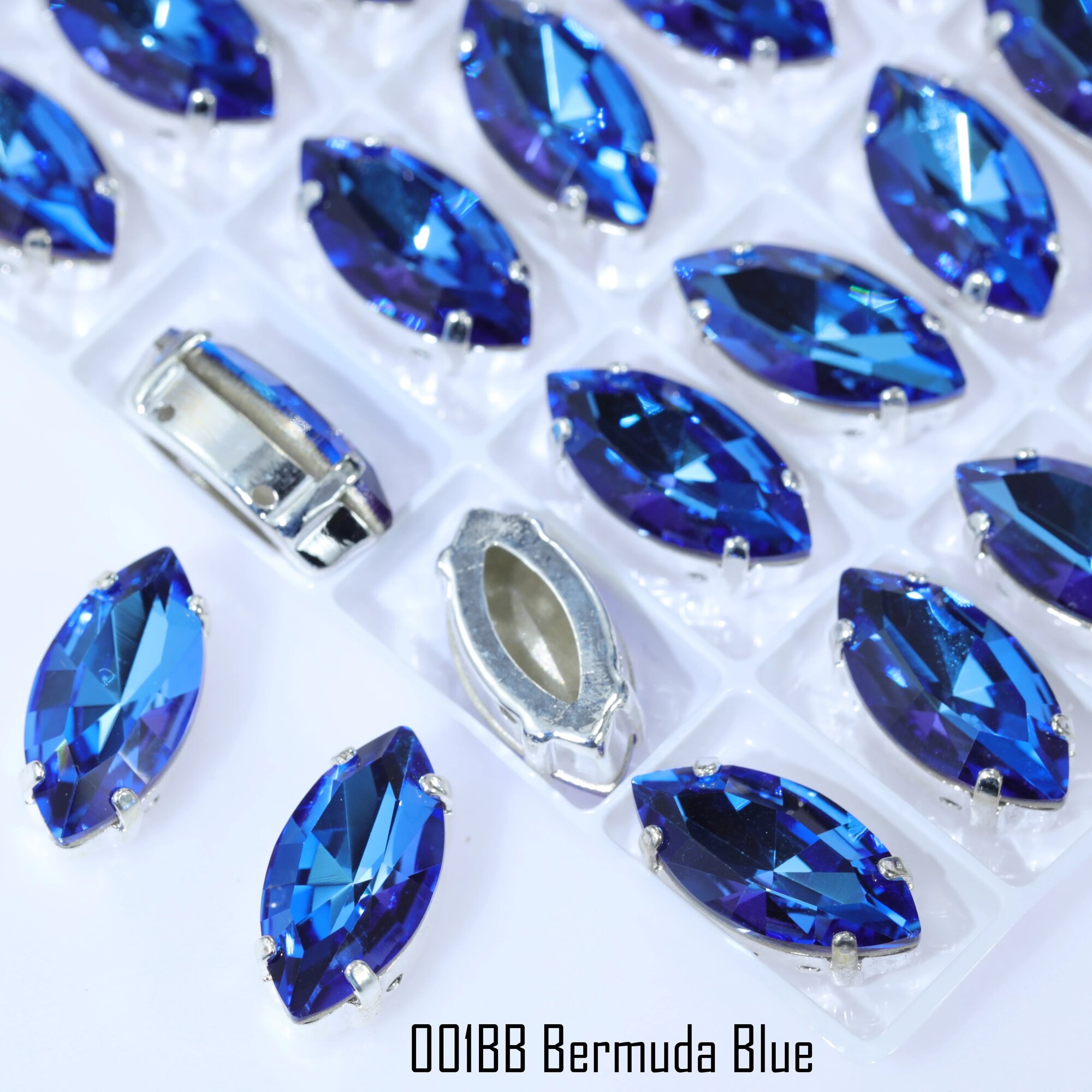 Стразы "Конский глаз" синие 001BB Bermuda Blue, Silver Claw