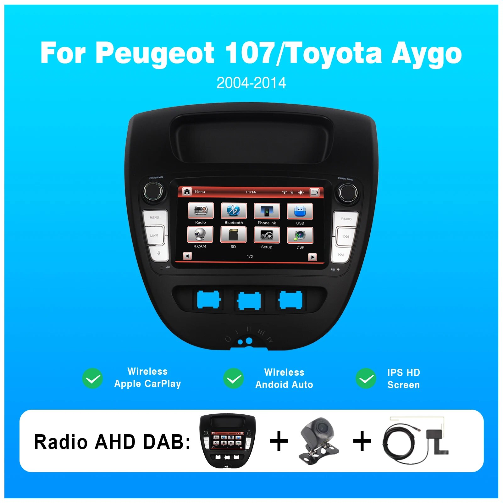 Автомагнитола IPS для Peugeot 107, Toyota Aygo, Citroen C1 с беспроводным CarPlay, камерой заднего вида AHD, Android Auto, DAB+, Bluetooth, управлением с руля
