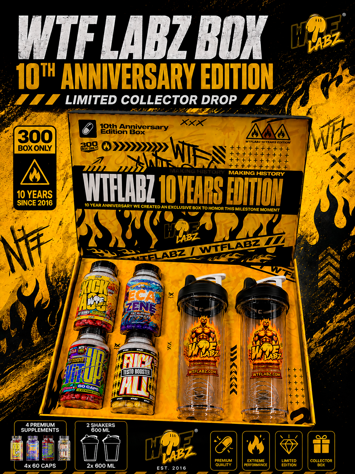 Набор WTFLABZ: жиросжигатели Hard Kick A, Lite Ecazene, тестобустер Fckm All, витамины Vitup, 2 шейкера