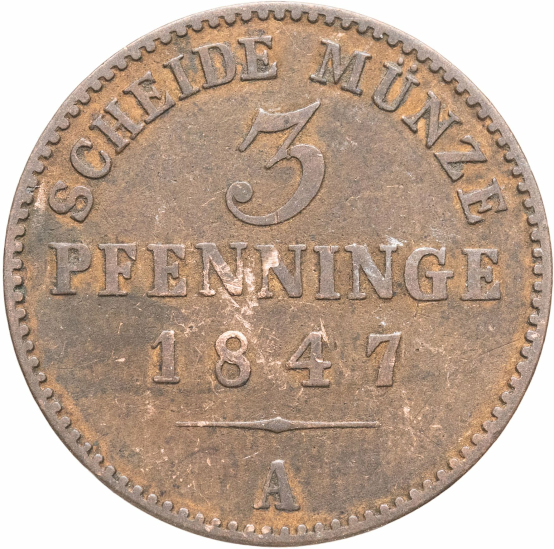 Германия, Пруссия 3 пфеннига 1847, Медь, в сохранности VF
