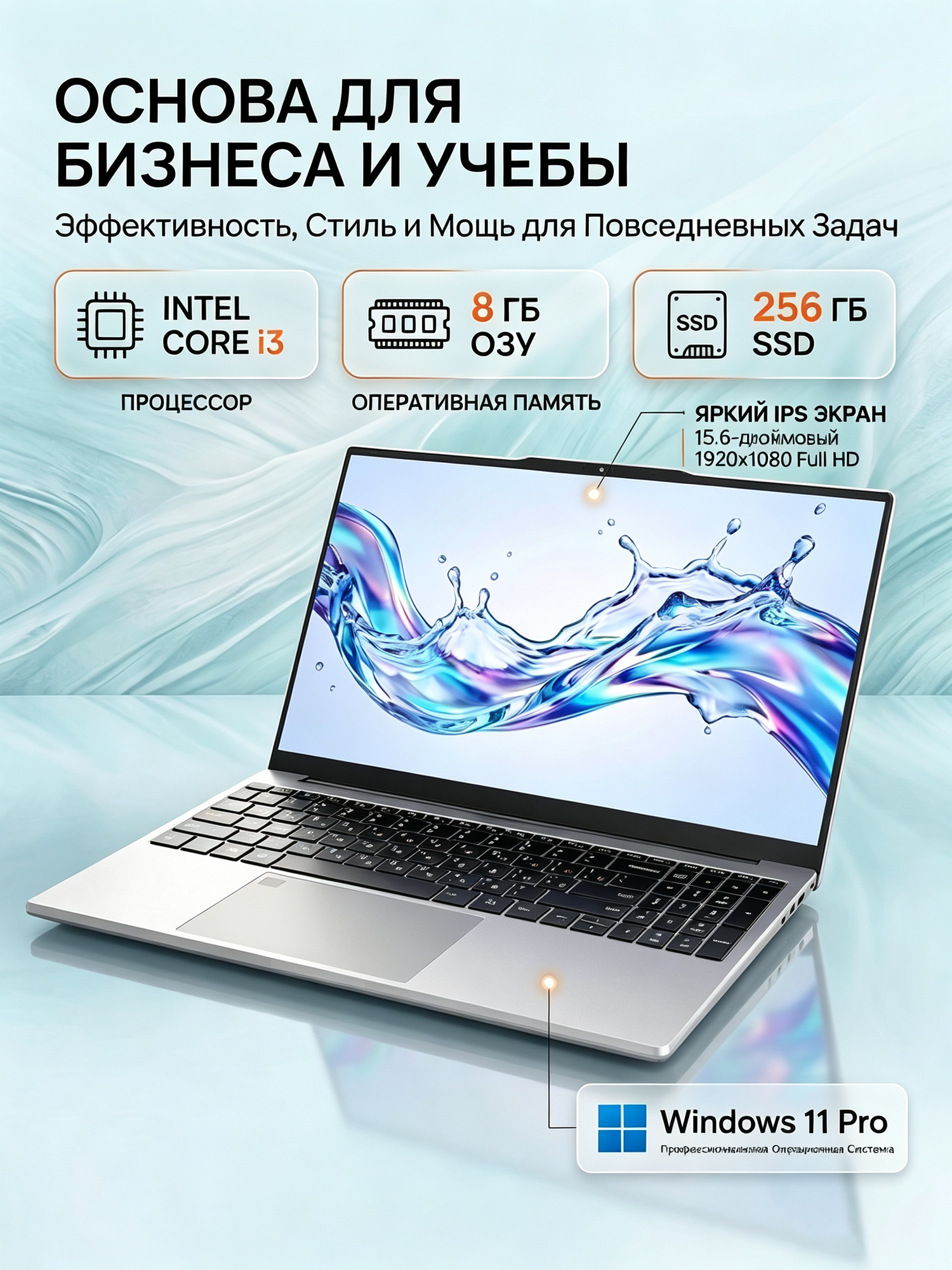Ноутбук для учебы и работы 15.6" Intel Core i3 (8GB RAM / 256GB SSD) Win 11 Pro